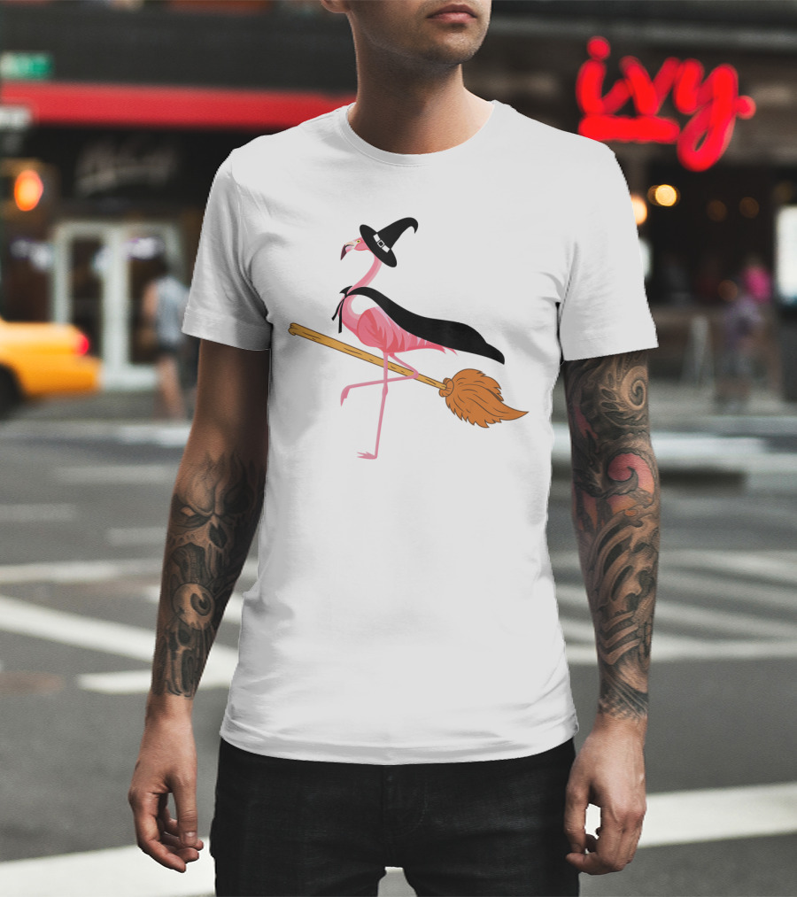 Funny Flamingo Witch Riding Broomstick T-Shirt