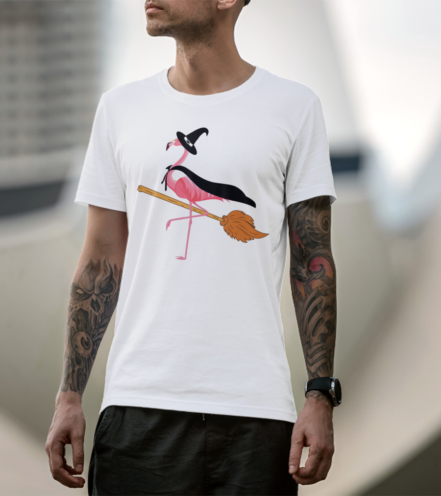 Funny Flamingo Witch Riding Broomstick T-Shirt