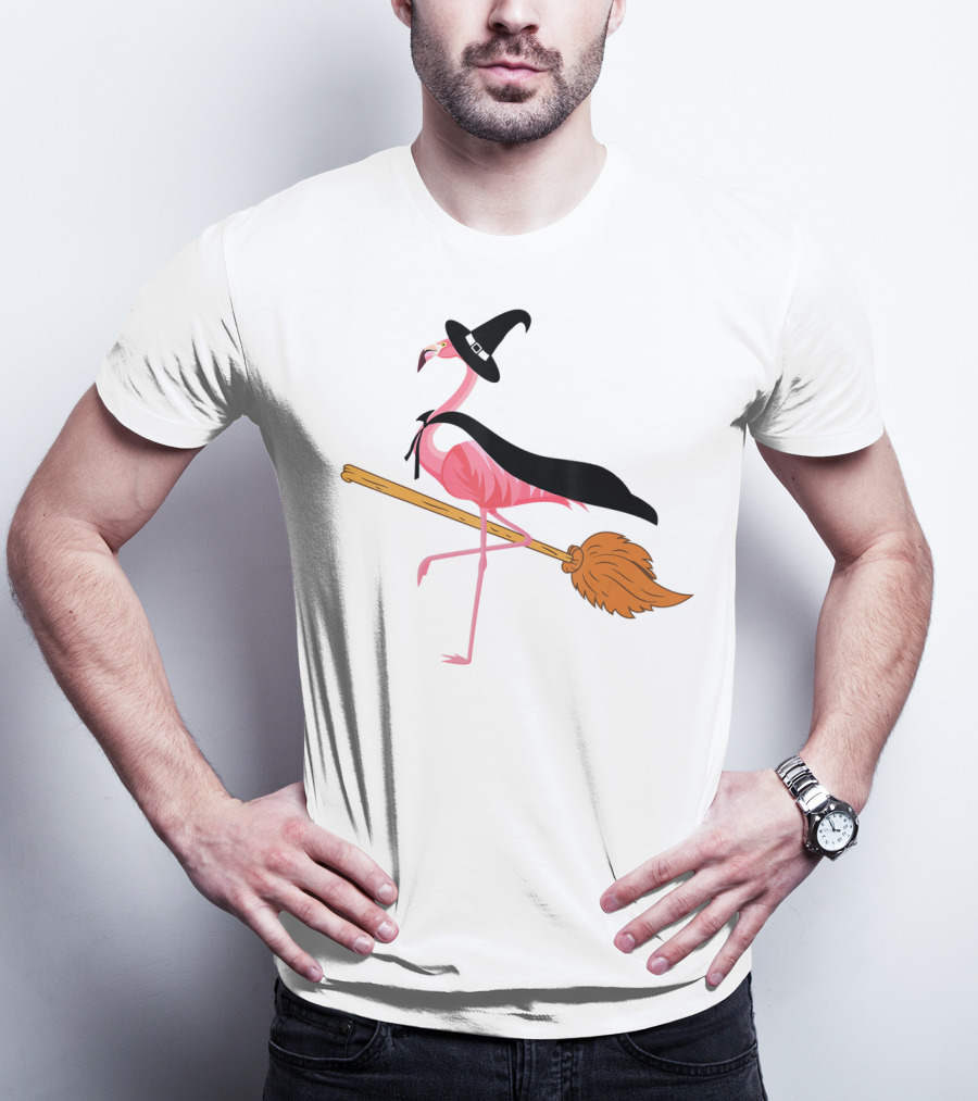Funny Flamingo Witch Riding Broomstick T-Shirt