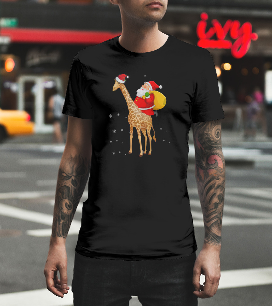 Santa Claus Riding A Giraffe With Snowflakes T-Shirt
