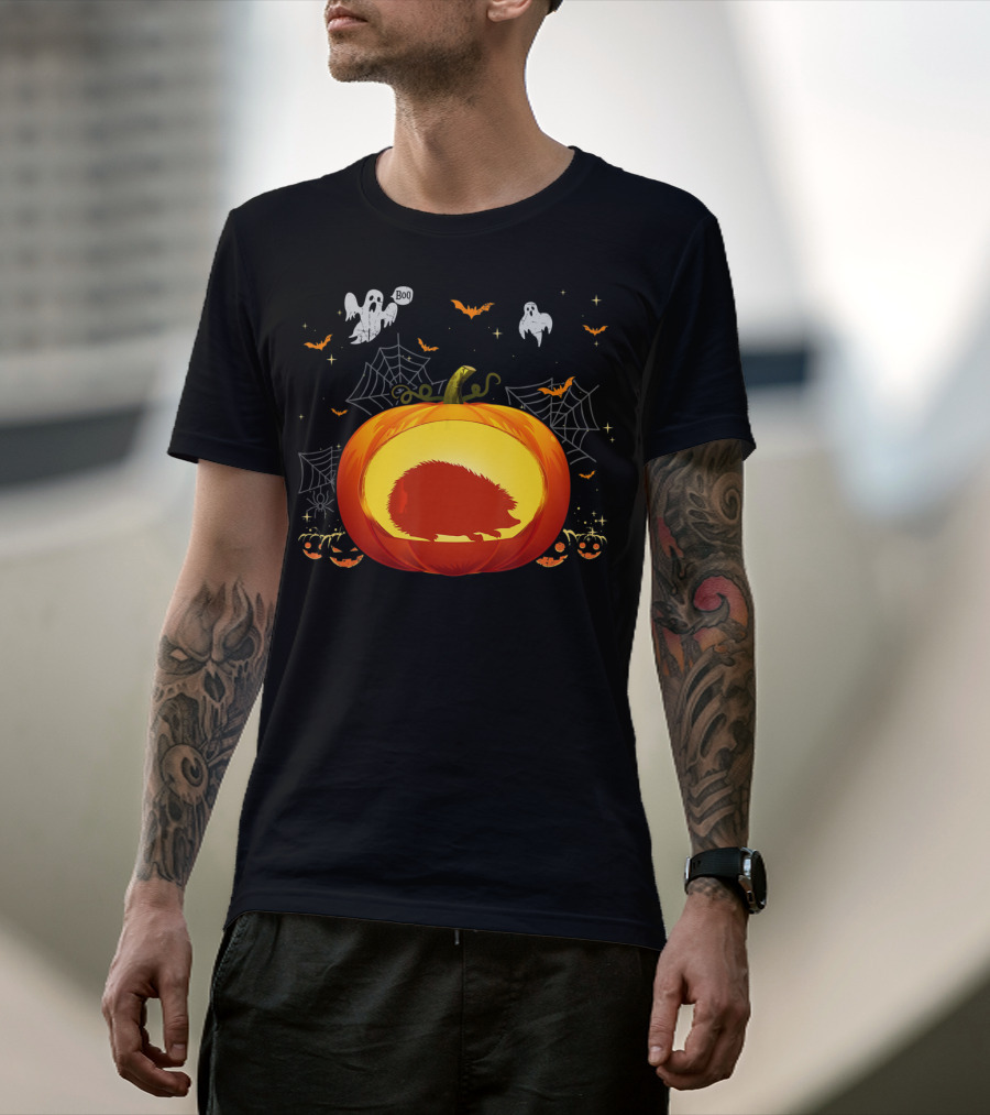 Hedgehog Silhouette In Halloween Pumpkin With Ghosts And Spiderwebs T-Shirt