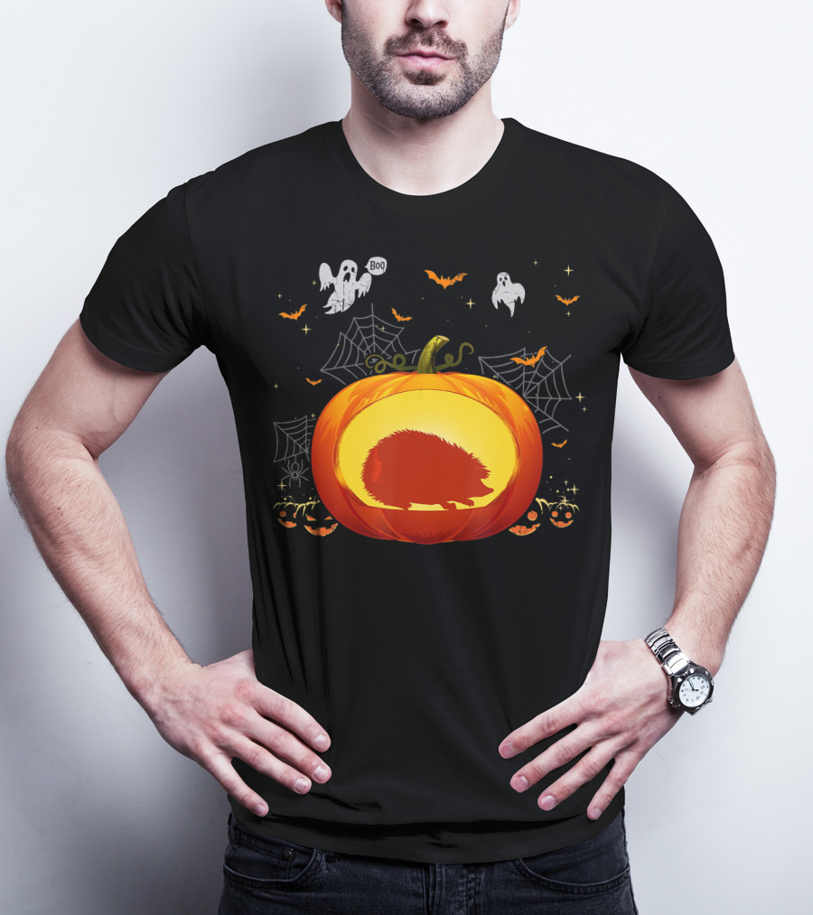 Hedgehog Silhouette In Halloween Pumpkin With Ghosts And Spiderwebs T-Shirt