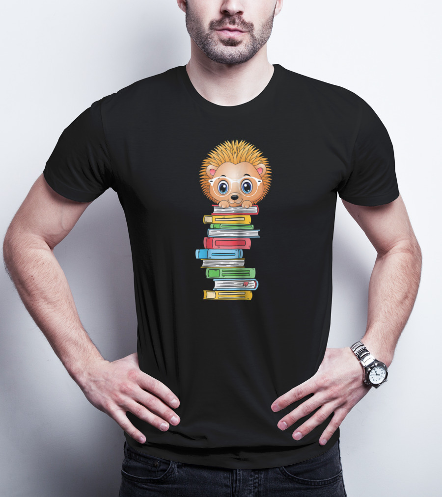 Hedgehog Book Lover With Glasses Hugging Colorful Book Stack T-Shirt
