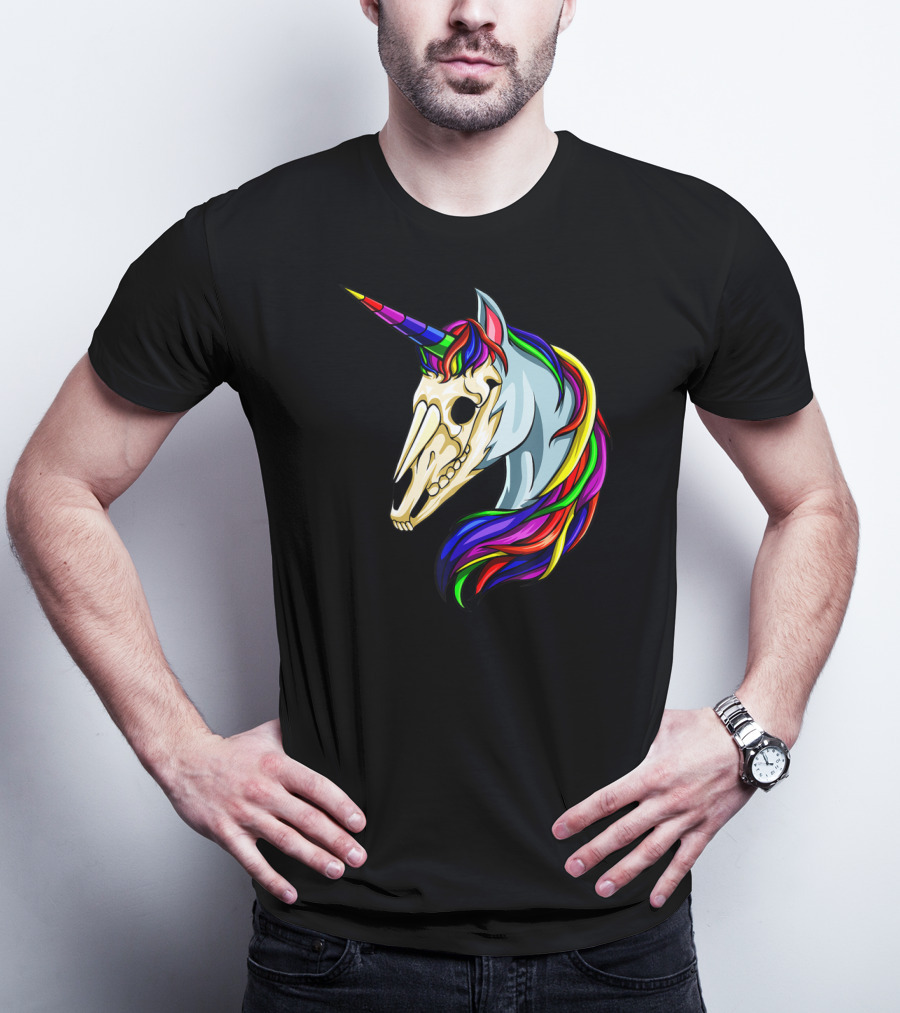 Halloween Unicorn Skeleton Horse Rainbow Head With Colorful Mane T-Shirt