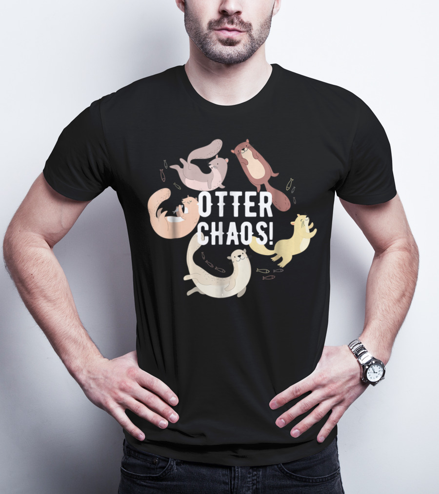 Otter Chaos Playful Otters Tumbling With Fish T-Shirt