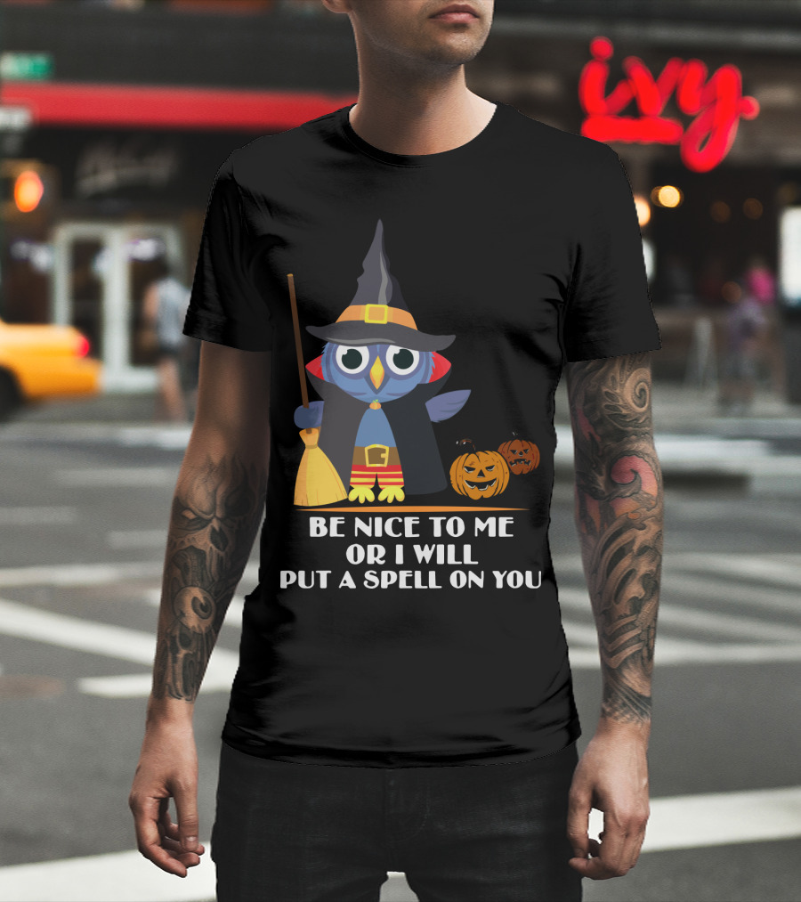 Be Nice To Me Or I Will Put A Spell On You Halloween Owl Witch Broom Pumpkins T-Shirt