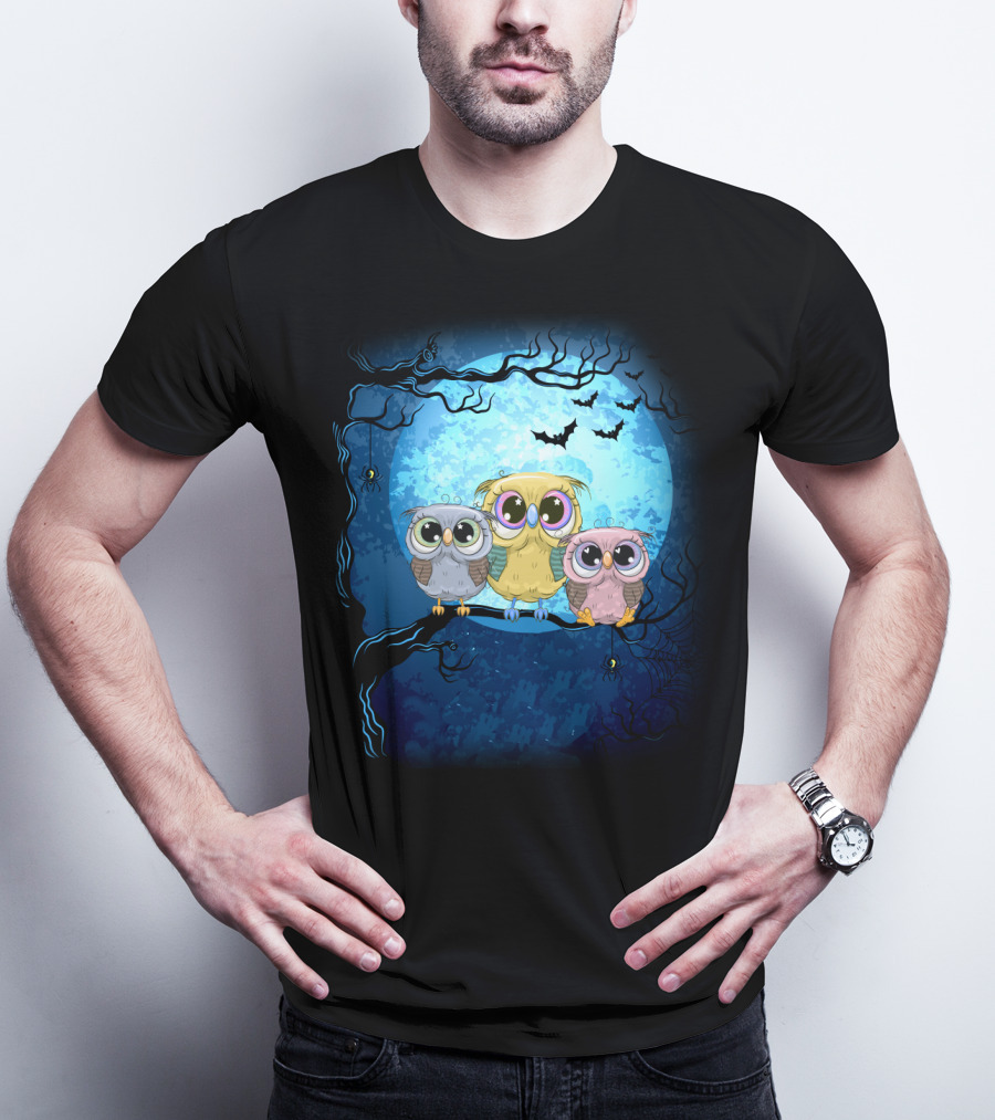 Night Family Owls Under Full Moon With Bats And Spiders T-Shirt