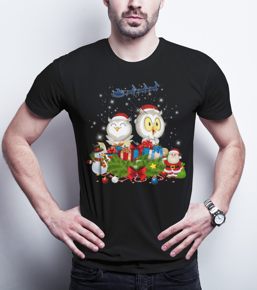 Waiting For Santa Owls With Gifts And Snowman Scene T-Shirt