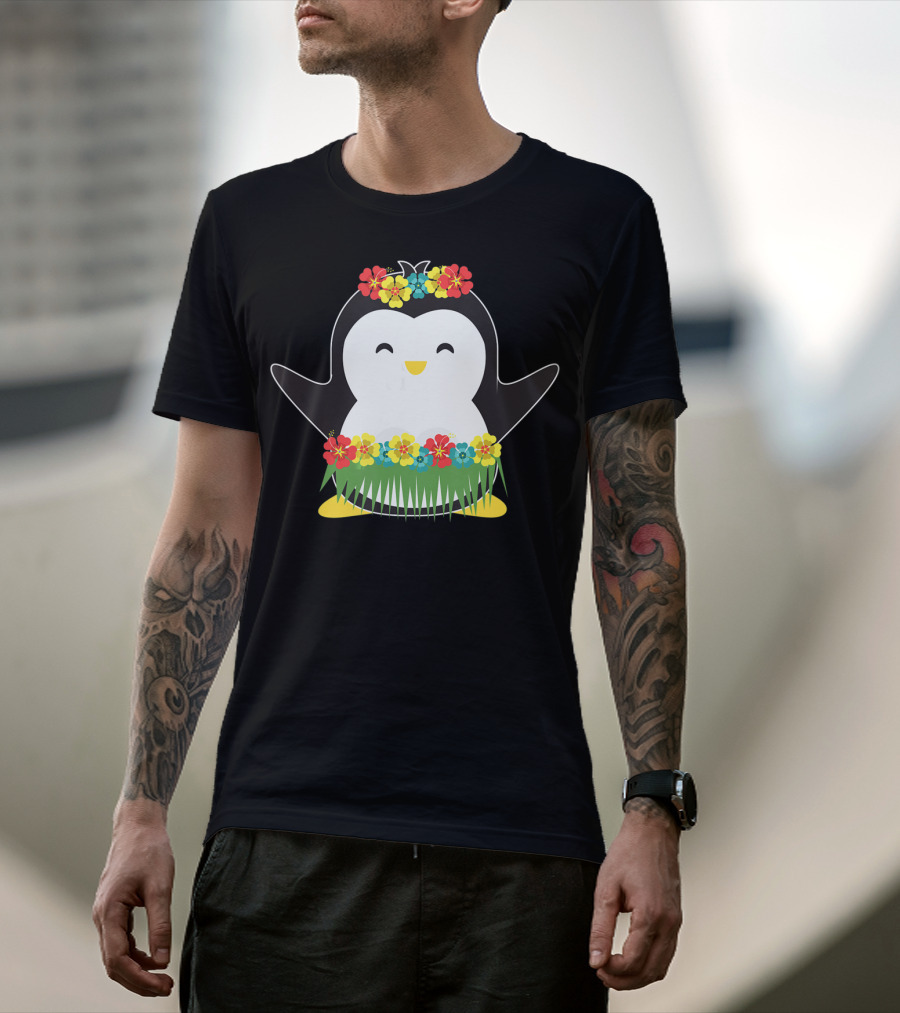 Penguin With Hula Skirt And Hawaiian Flowers Luau Party T-Shirt