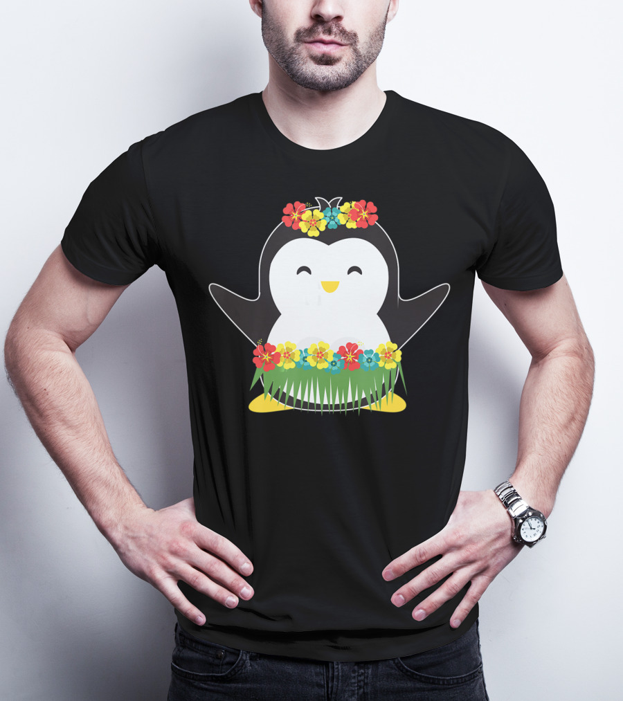 Penguin With Hula Skirt And Hawaiian Flowers Luau Party T-Shirt