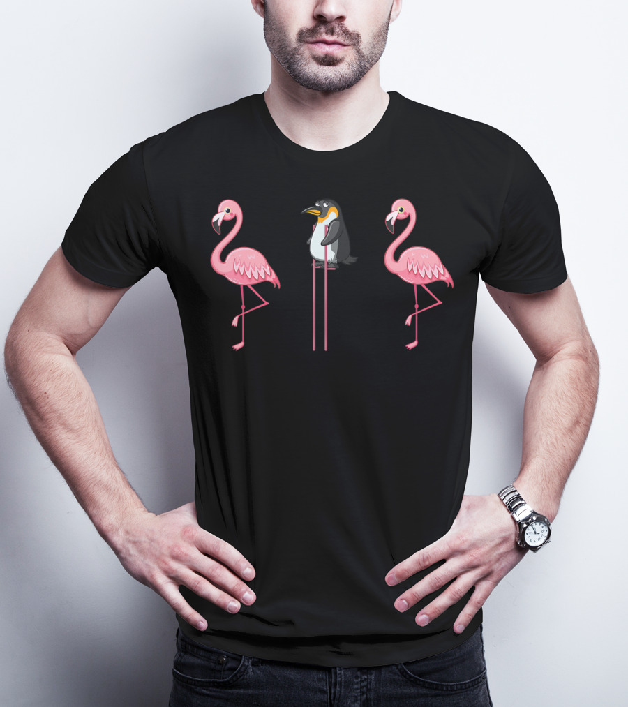 Flamingo Penguin On Stilts Flamingo Lover Scene With Two Pink Flamingos T-Shirt