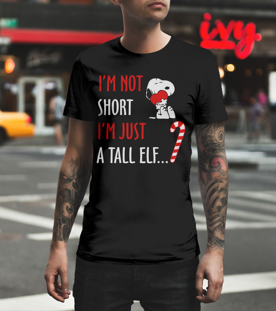 I'm Not Short I'm Just A Tall Elf Snoopy Candy Cane Hugging Heart T-Shirt