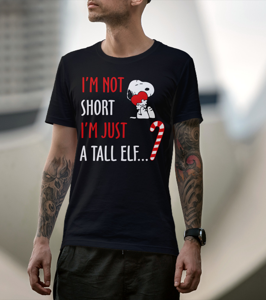 I'm Not Short I'm Just A Tall Elf Snoopy Candy Cane Hugging Heart T-Shirt