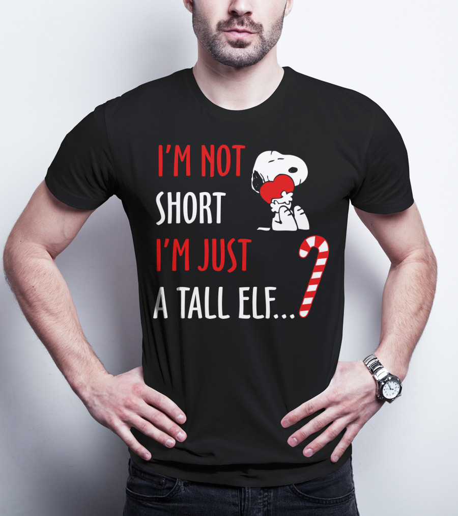 I'm Not Short I'm Just A Tall Elf Snoopy Candy Cane Hugging Heart T-Shirt
