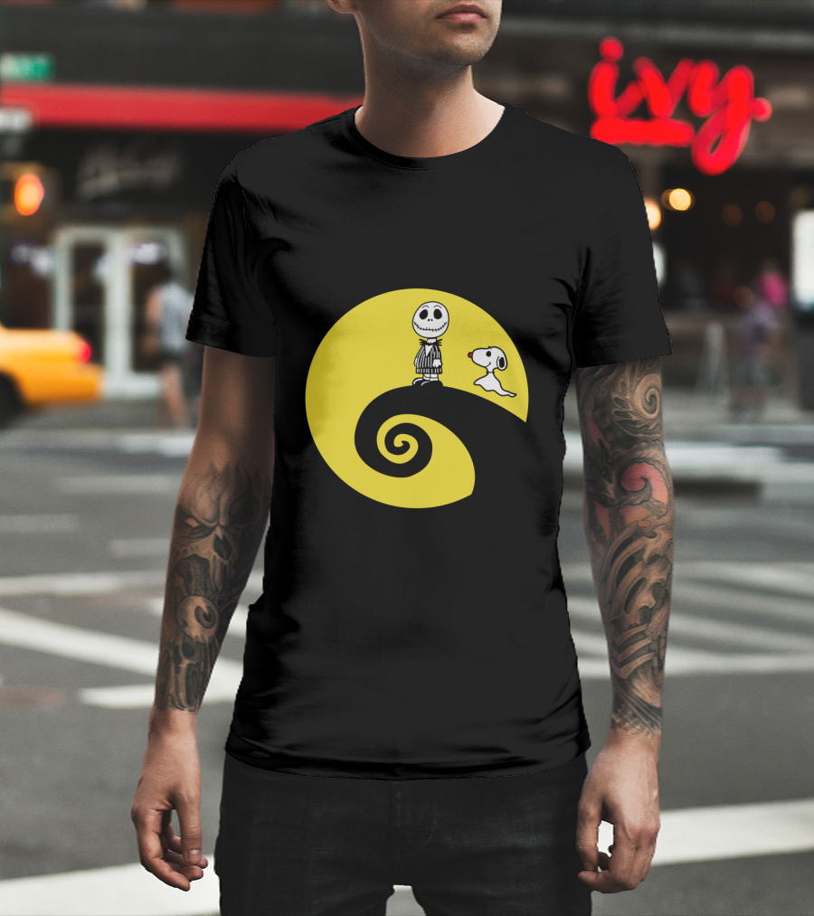 Jack Skellington And Snoopy Crossover In The Peanuts Movie Halloween Scene T-Shirt