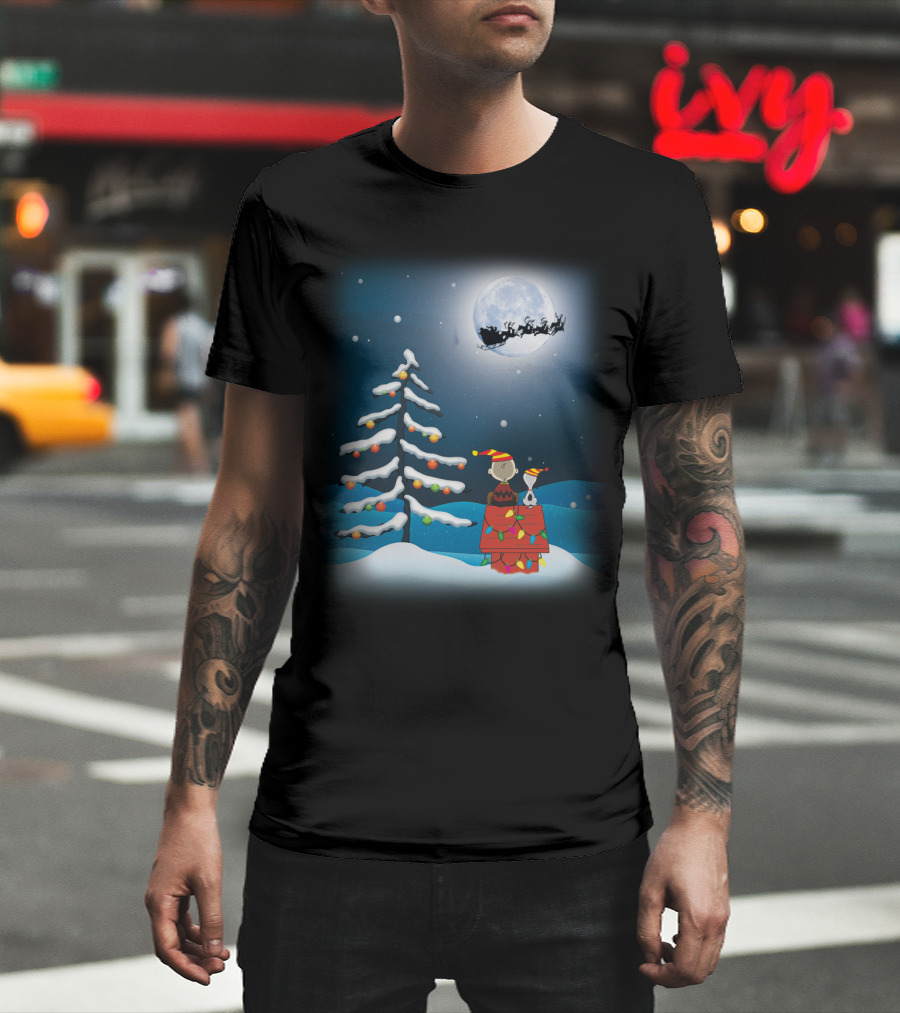 Noel Night Snoopy Peanuts Movie Christmas Scene Santa Sleigh Winter Tree With Lights T-Shirt