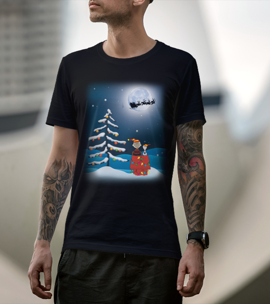 Noel Night Snoopy Peanuts Movie Christmas Scene Santa Sleigh Winter Tree With Lights T-Shirt