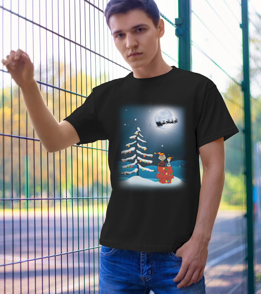 Noel Night Snoopy Peanuts Movie Christmas Scene Santa Sleigh Winter Tree With Lights T-Shirt