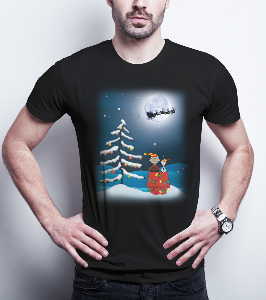 Noel Night Snoopy Peanuts Movie Christmas Scene Santa Sleigh Winter Tree With Lights T-Shirt