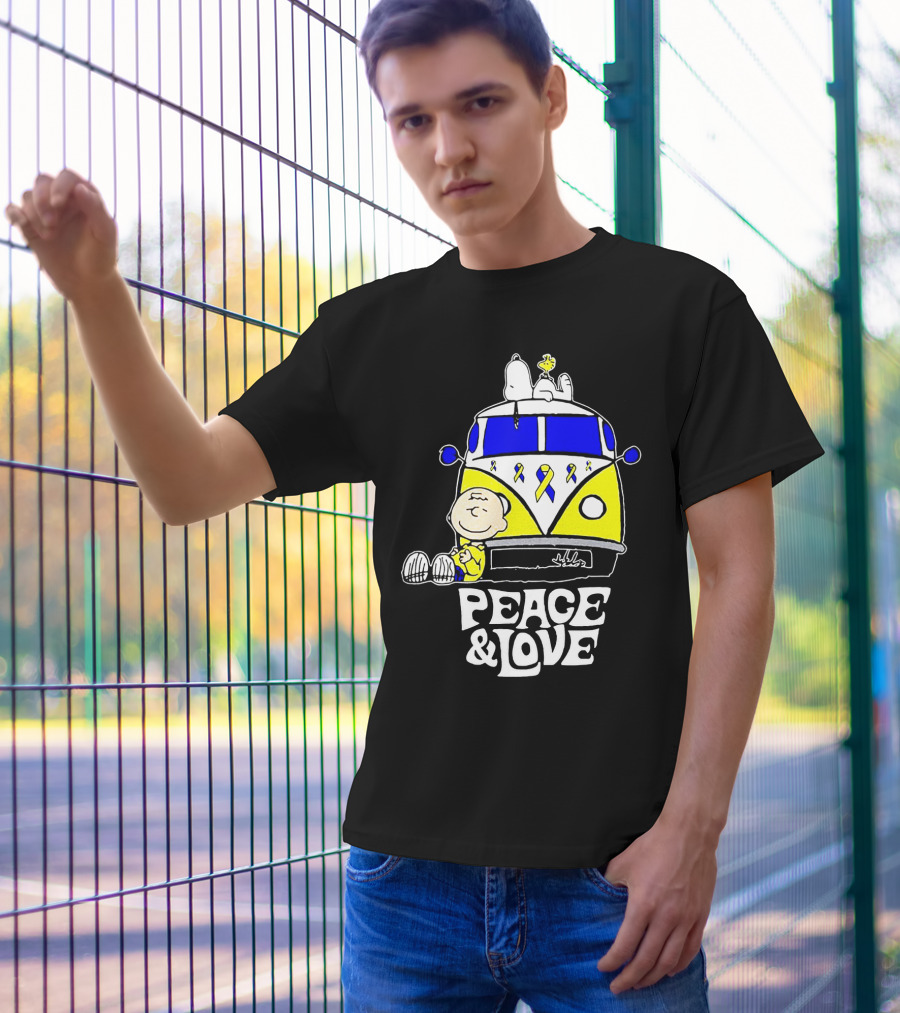 Peace And Love Snoopy Woodstock Yellow Ribbon Van Peanuts Cancer Warrior T-Shirt