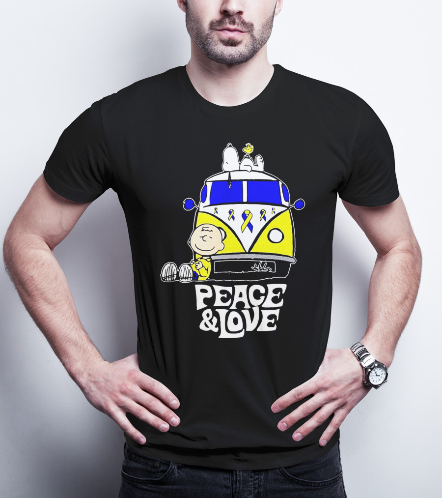 Peace And Love Snoopy Woodstock Yellow Ribbon Van Peanuts Cancer Warrior T-Shirt