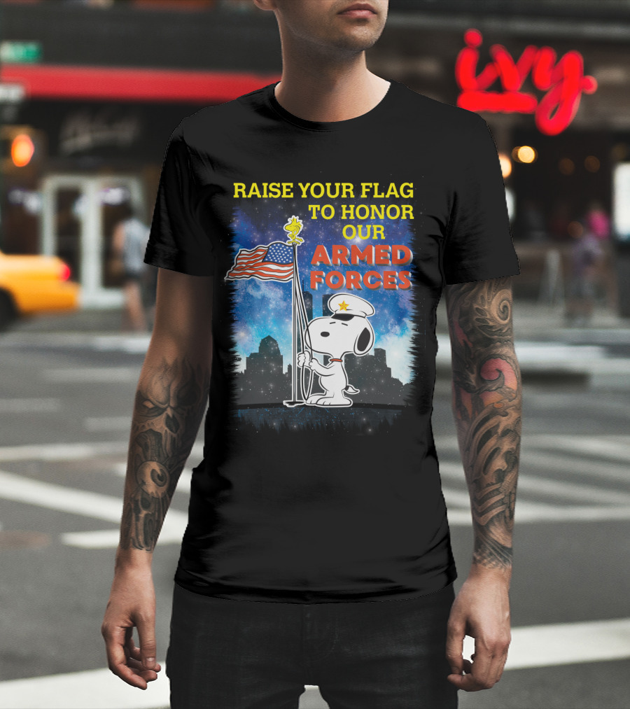 Raise Your Flag To Honor Our Armed Forces With Snoopy From The Peanuts Movie T-Shirt