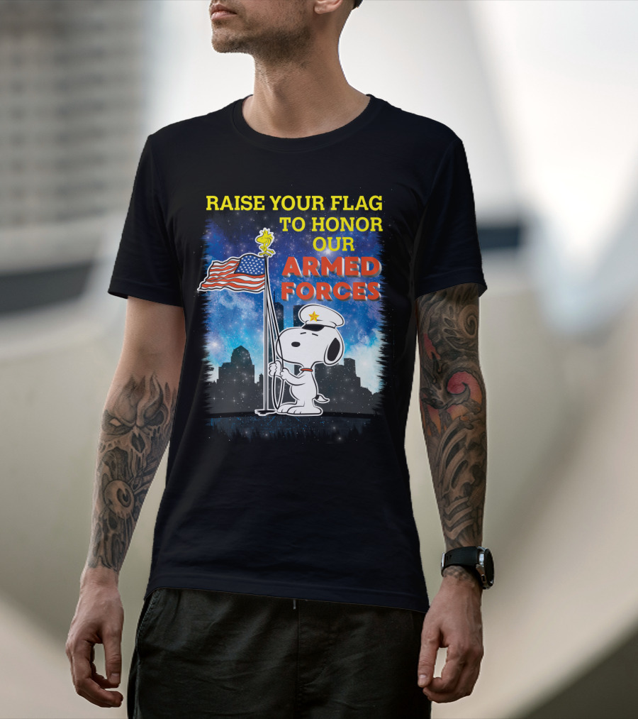 Raise Your Flag To Honor Our Armed Forces With Snoopy From The Peanuts Movie T-Shirt