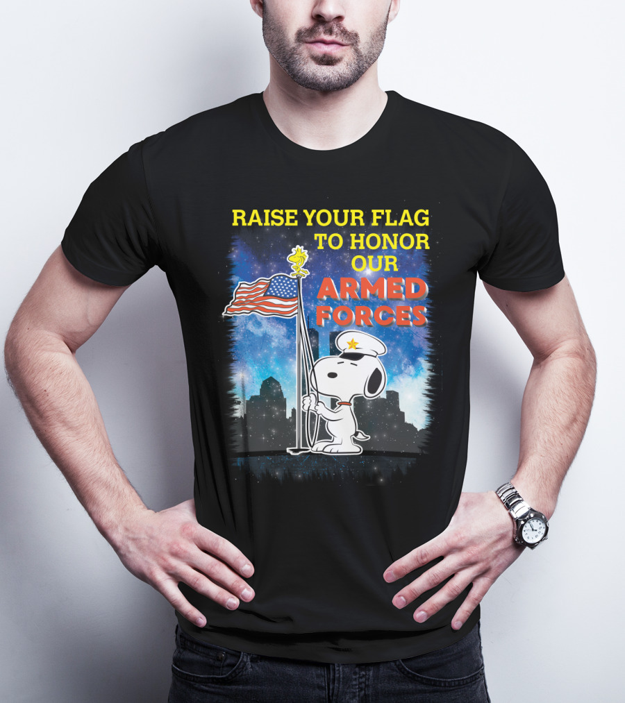 Raise Your Flag To Honor Our Armed Forces With Snoopy From The Peanuts Movie T-Shirt