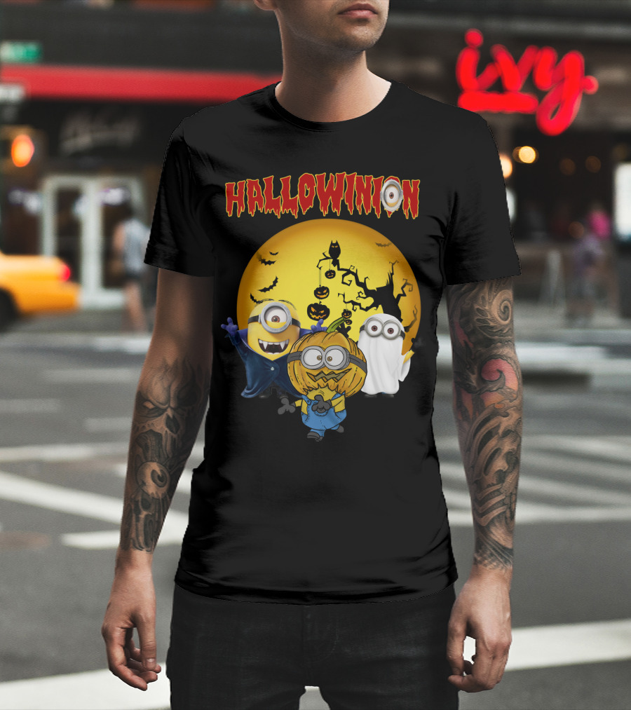 Hallowinion Halloween Minions Despicable Me Moon Bats Pumpkins Ghost Costume T-Shirt