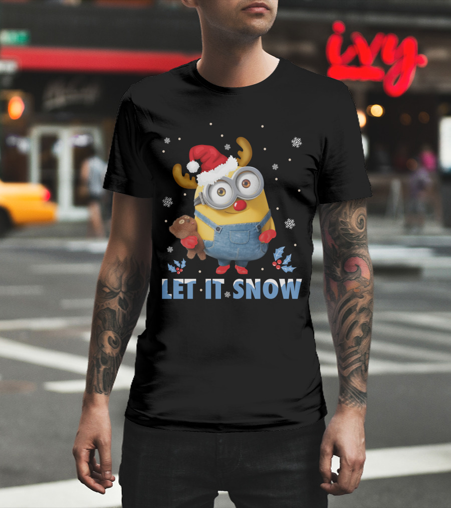 Let It Snow Xmas Minions Despicable Me Santa Hat Reindeer Antlers Toy T-Shirt