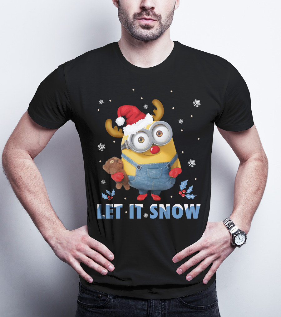 Let It Snow Xmas Minions Despicable Me Santa Hat Reindeer Antlers Toy T-Shirt