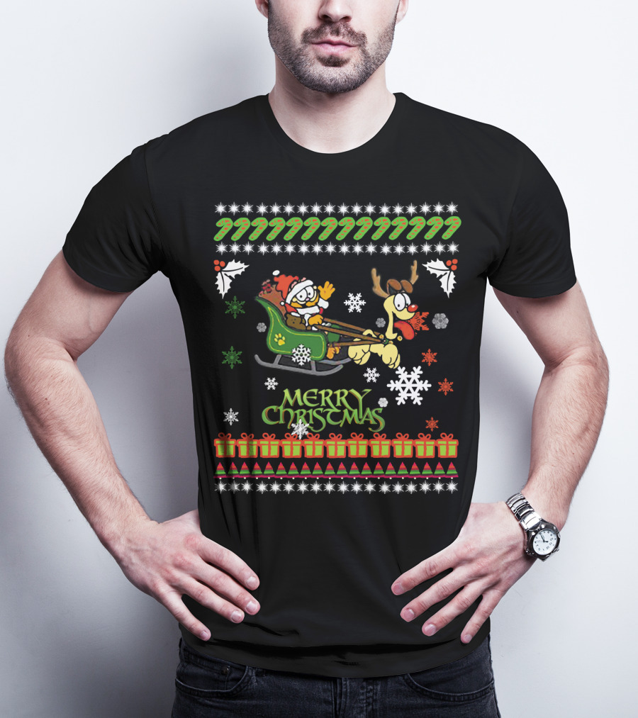 Merry Christmas Garfield Santa Sleigh With Reindeer Odie Snowflakes And Holly T-Shirt