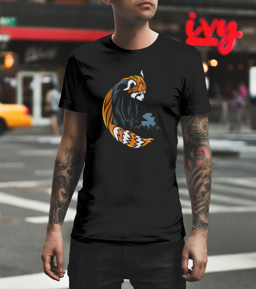 Red Panda Tattoo Style With Mountains And Night Sky T-Shirt