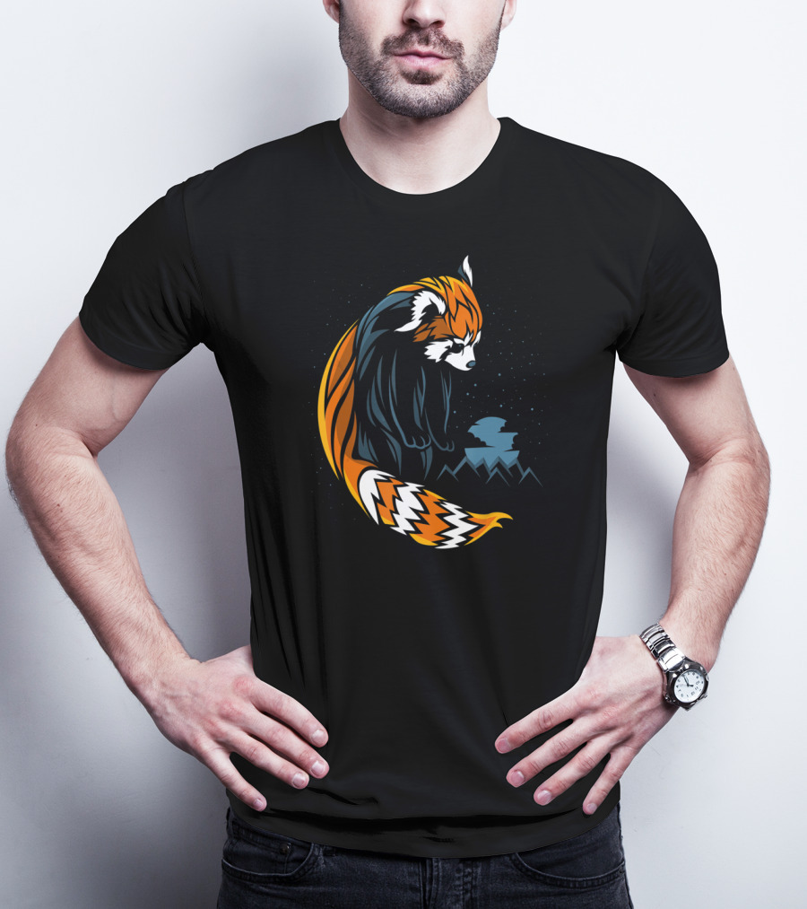 Red Panda Tattoo Style With Mountains And Night Sky T-Shirt