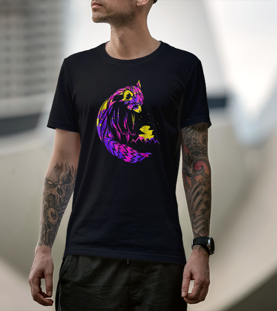 Red Panda Tribal Neon Night Mountains T-Shirt