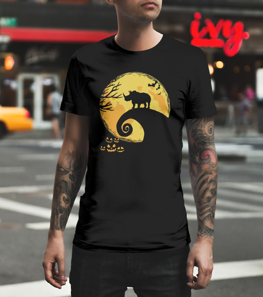 Funny Rhino And Moon Halloween Parody With Jack-O'-Lanterns And Bat T-Shirt