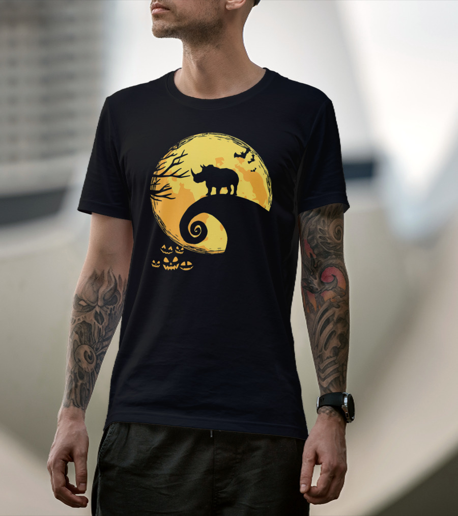 Funny Rhino And Moon Halloween Parody With Jack-O'-Lanterns And Bat T-Shirt