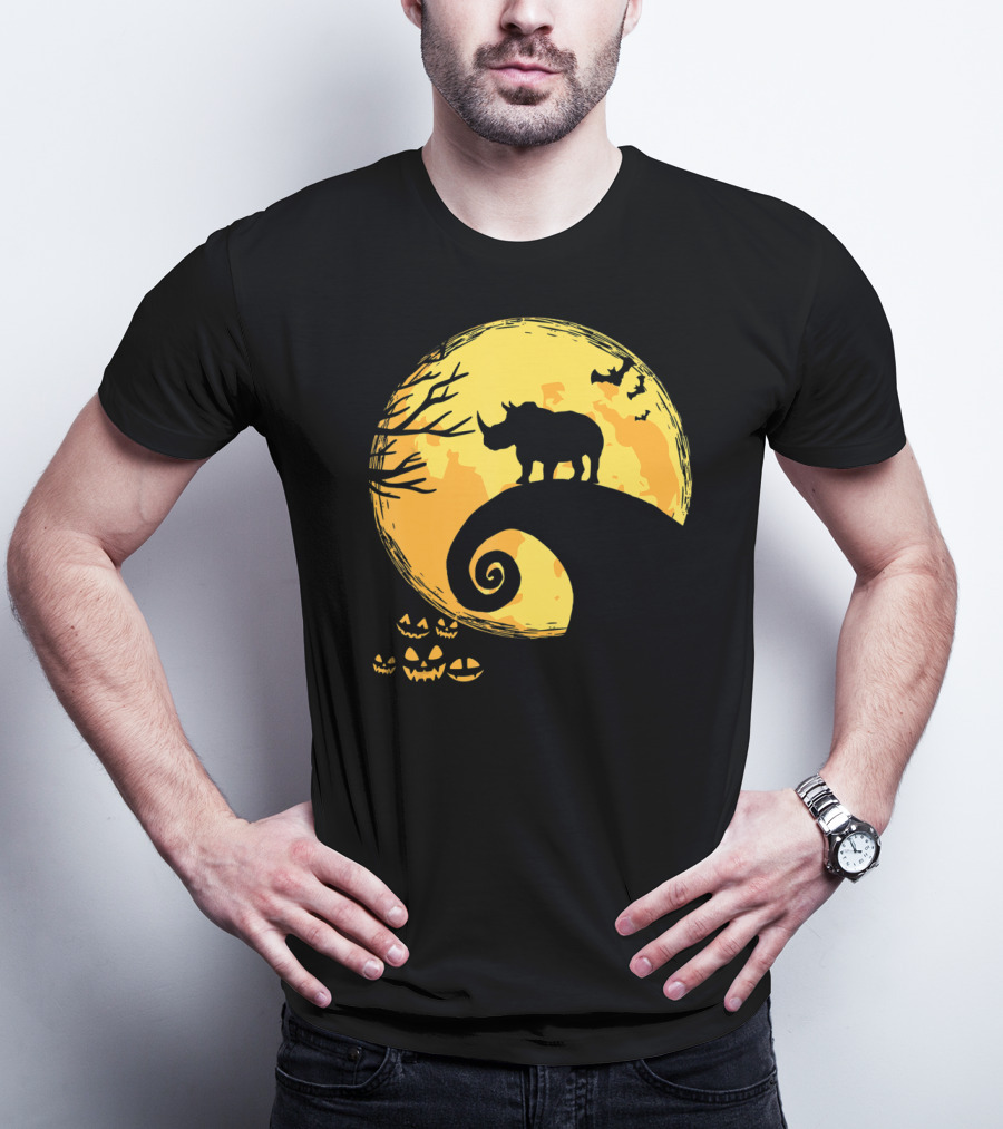 Funny Rhino And Moon Halloween Parody With Jack-O'-Lanterns And Bat T-Shirt