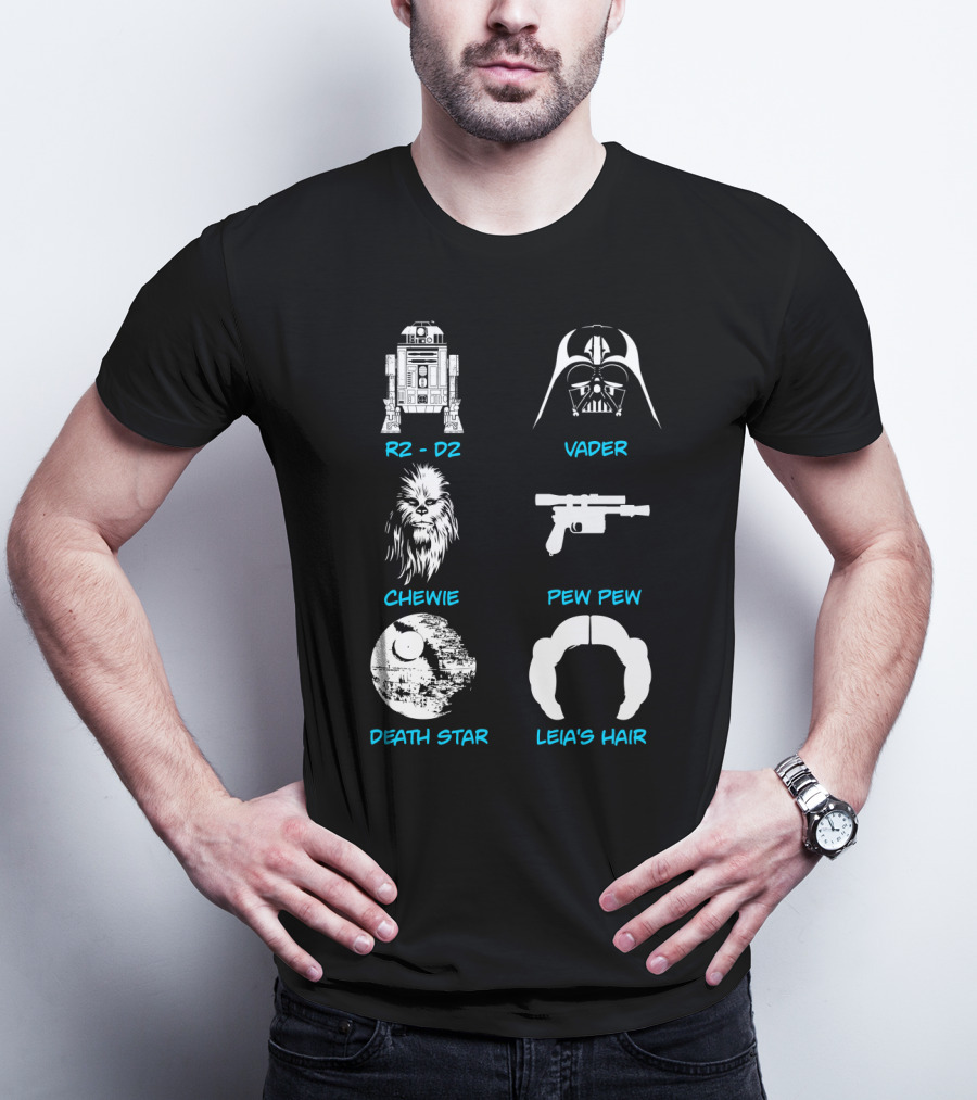 R2-D2 Darth Vader Chewie Pew Pew Death Star Leia's Hair T-Shirt