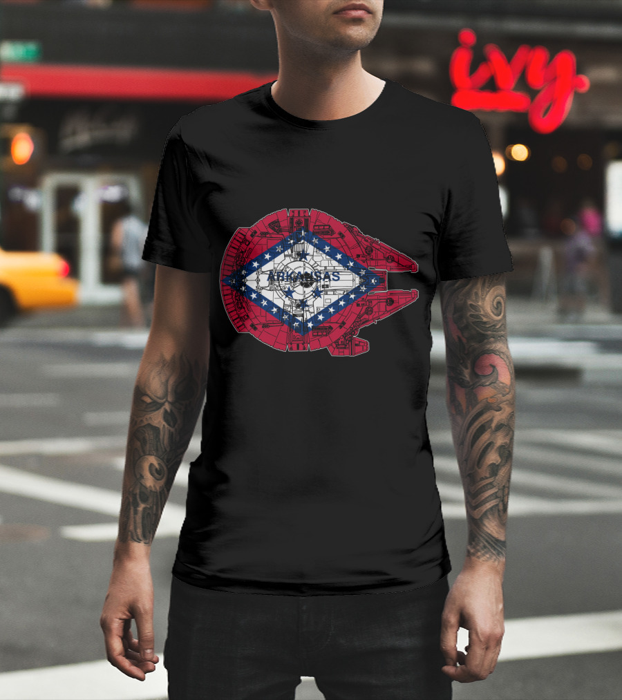 Arkansas Flag Overlaid On Millennium Falcon T-Shirt