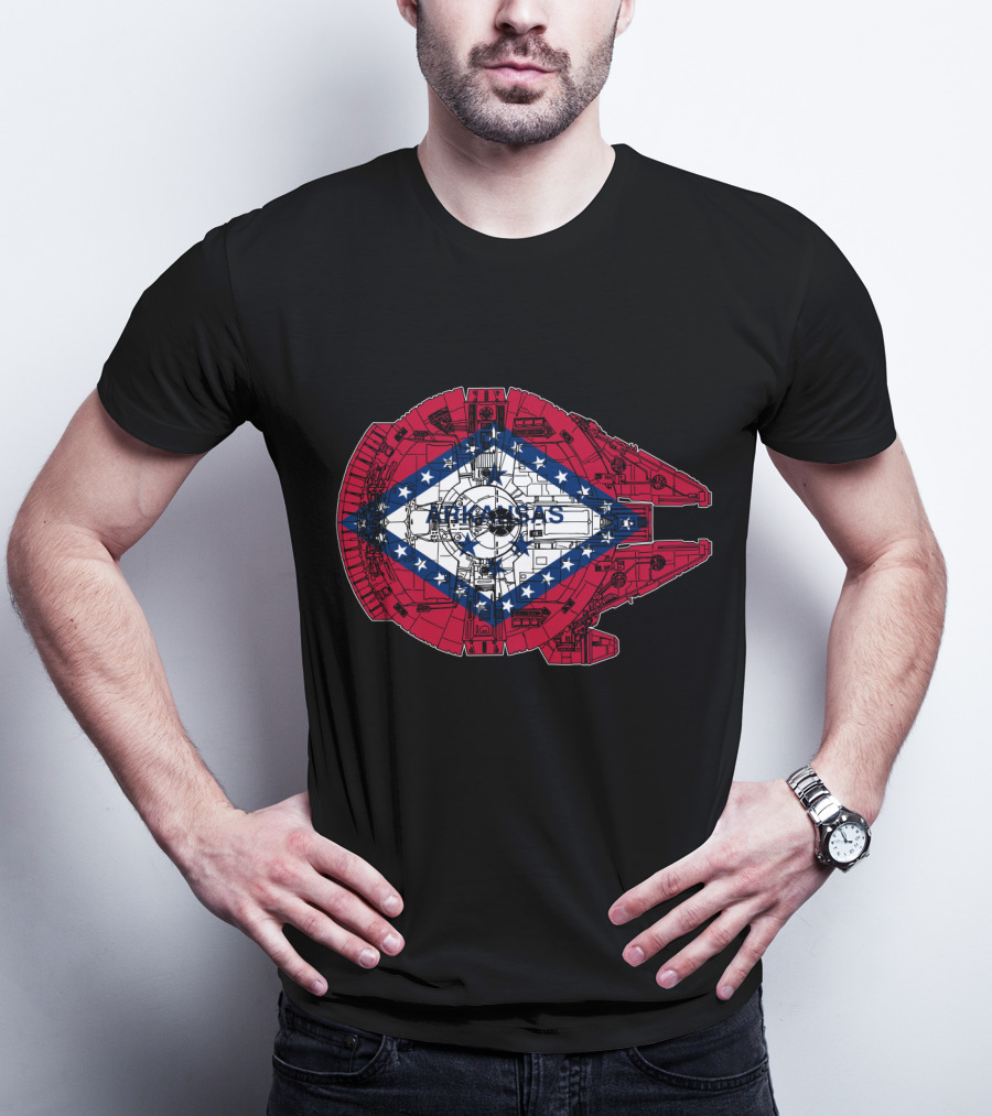 Arkansas Flag Overlaid On Millennium Falcon T-Shirt