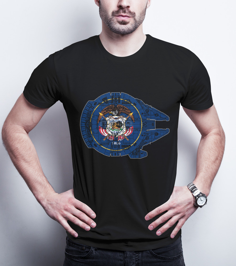 Utah State Flag And Millennium Falcon Blueprint Fusion T-Shirt