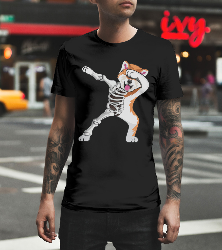 Akita Dog Skeleton Dabbing Halloween T-Shirt