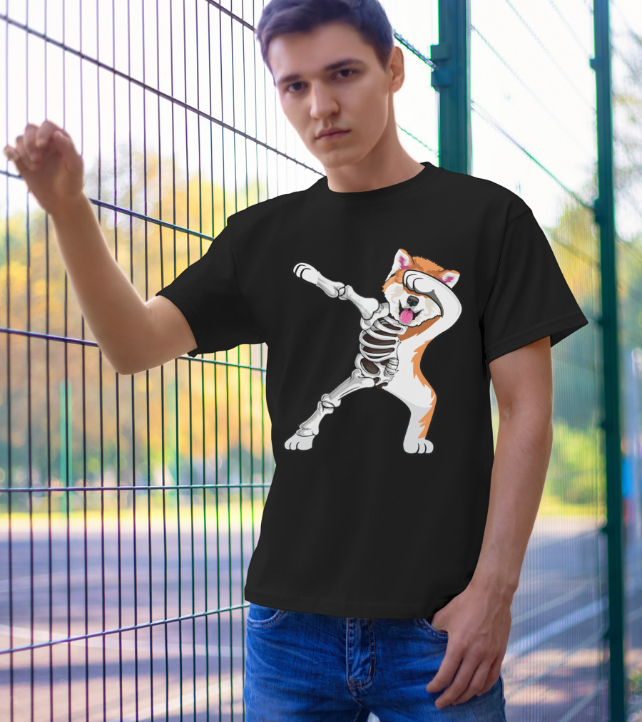 Akita Dog Skeleton Dabbing Halloween T-Shirt