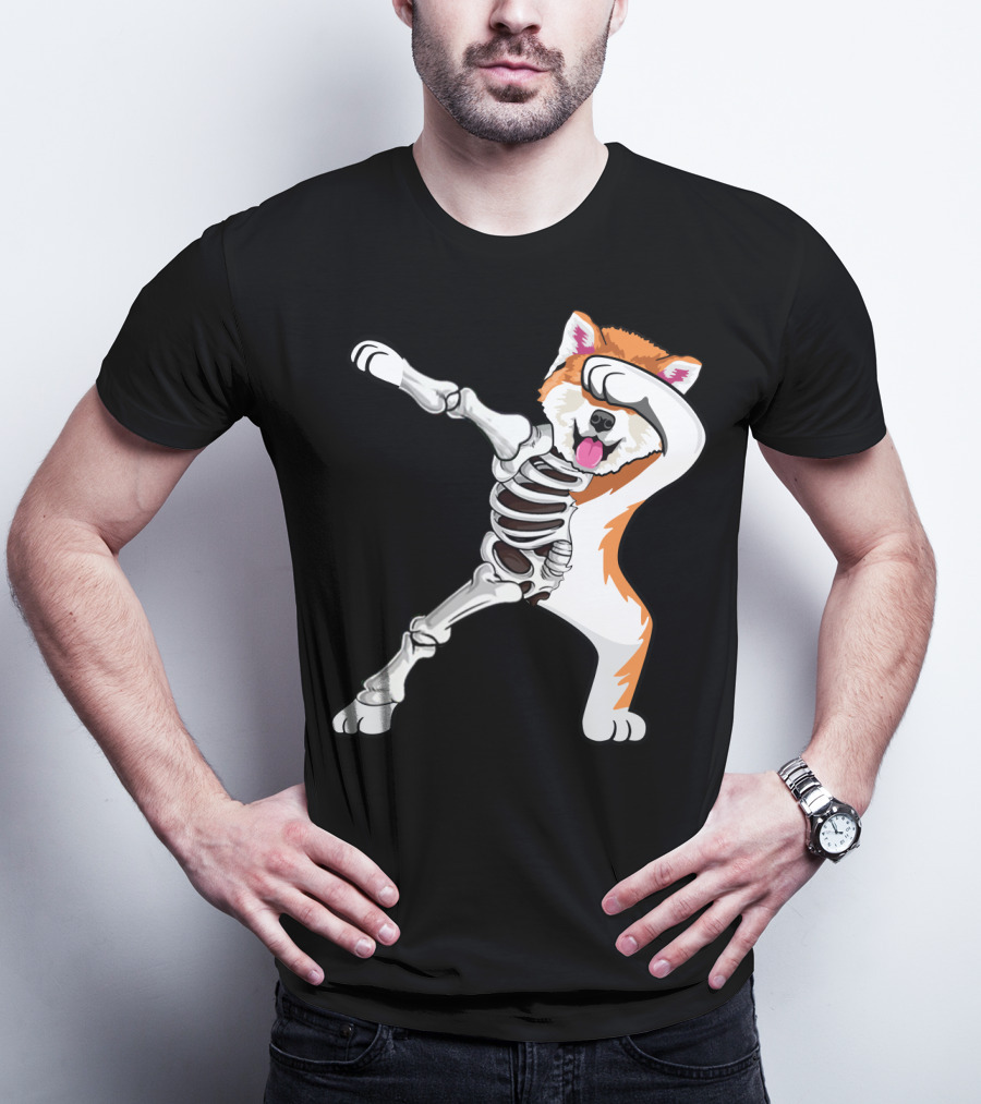Akita Dog Skeleton Dabbing Halloween T-Shirt