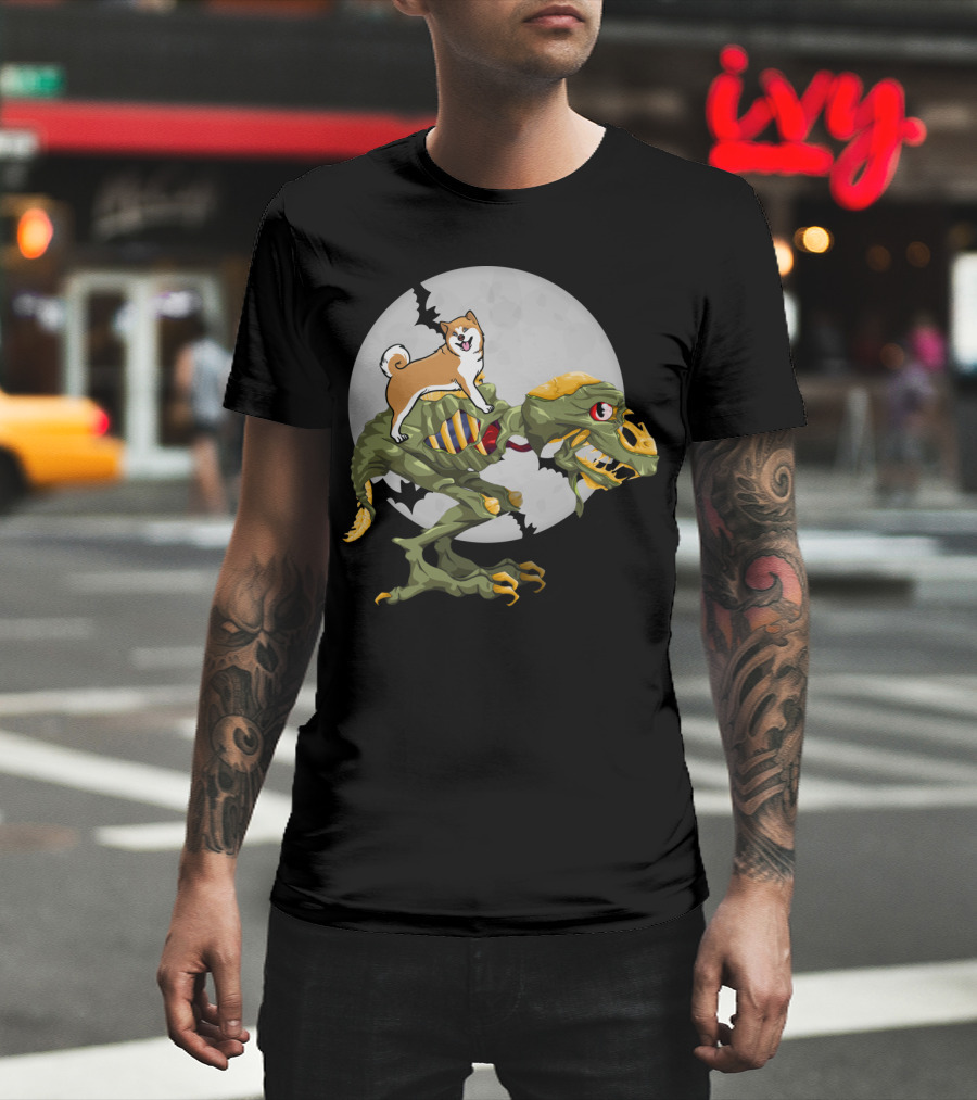 Akita Riding Dinosaur Skeleton Under Full Moon With Bats T-Shirt