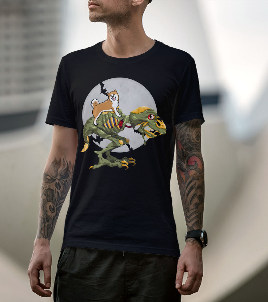 Akita Riding Dinosaur Skeleton Under Full Moon With Bats T-Shirt