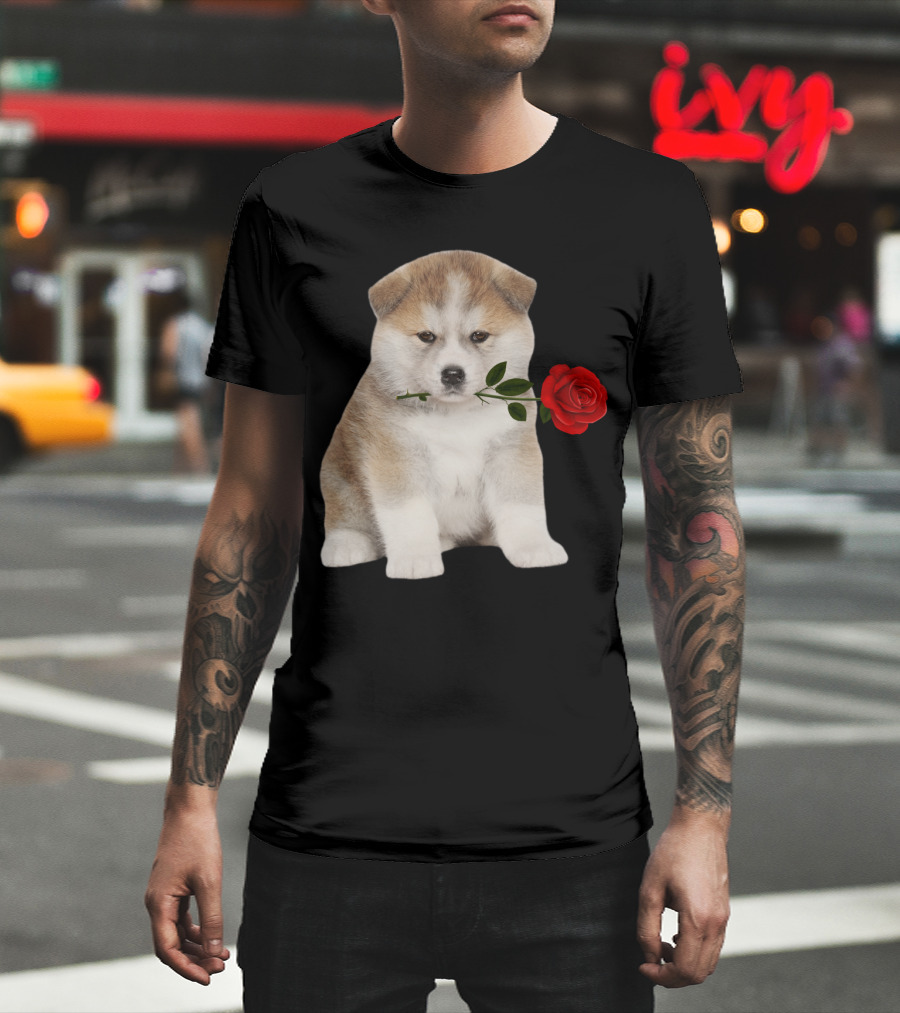 Akita Puppy Holding Red Rose T-Shirt