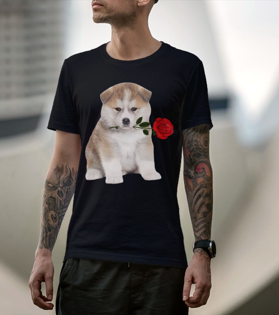 Akita Puppy Holding Red Rose T-Shirt