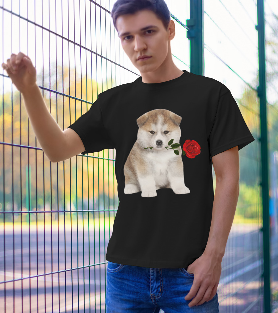 Akita Puppy Holding Red Rose T-Shirt